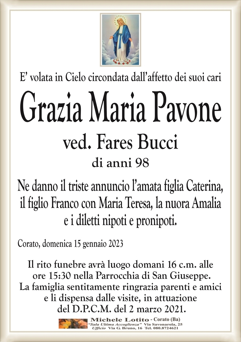 GRAZIA MARIA PAVONE ved. Fares Bucci | Corato | necrologi web