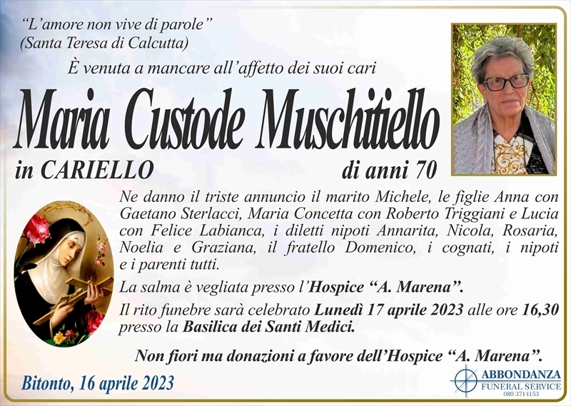 MARIA CUSTODE MUSCHITIELLO in Cariello | Bitonto | necrologi web