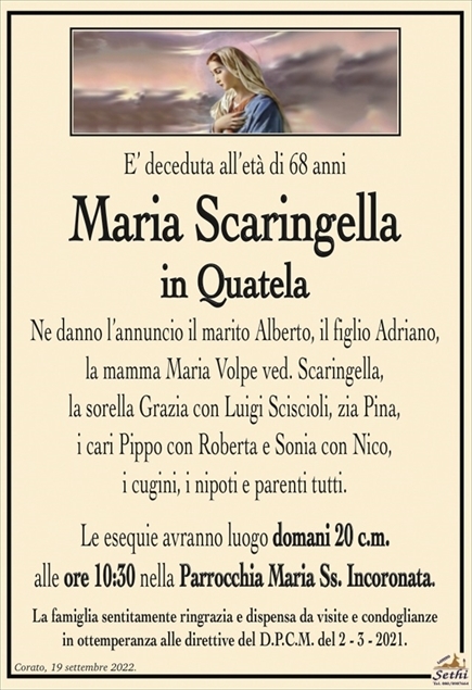 Maria Scaringella in Quatela | Corato | necrologi web