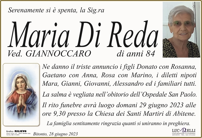 MARIA DI REDA Ved, Giannoccaro | Bitonto | necrologi web