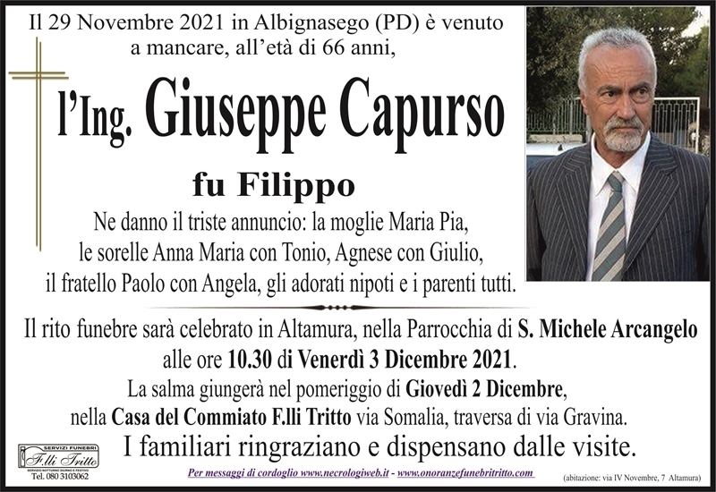 Ing. Giuseppe Capurso, | Altamura | necrologi web